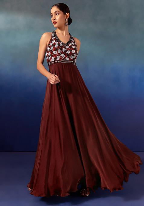 Buy Women Deep Maroon Sequin Hand Embroidered Satin Gown - ILK00762 ...