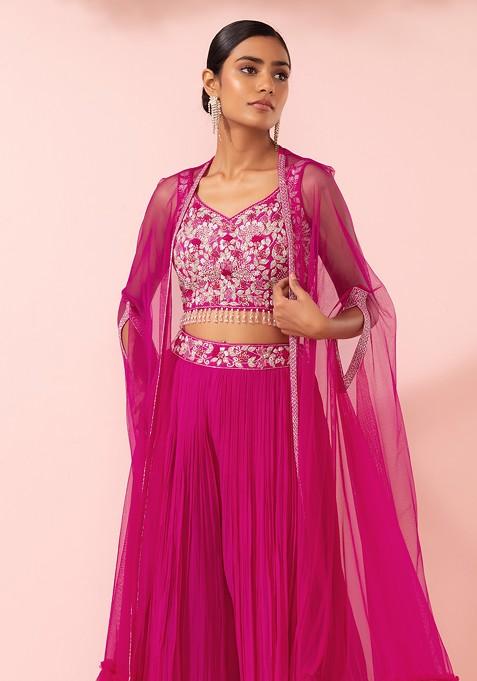 Buy Women Bright Pink Sharara Set With Floral Sequin Embellished Blouse ...