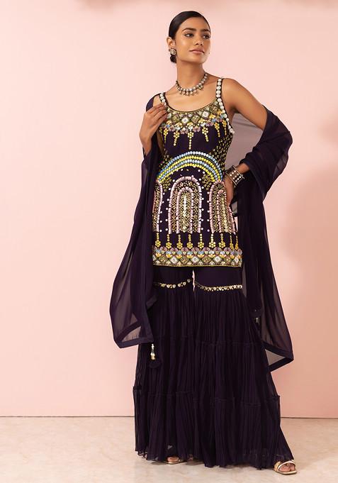 Buy Women Dark Purple Sharara Set With Multicolour Sequin Embellished ...