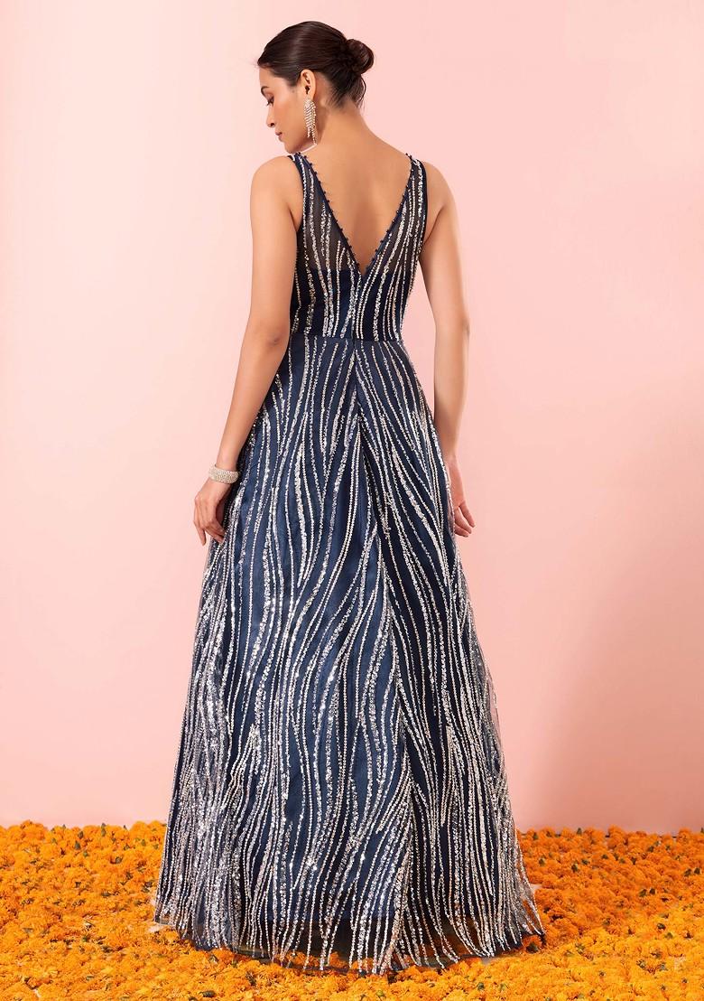 Buy Women Navy Blue Abstract Sequin Embroidered Gown - ILK00827 ...