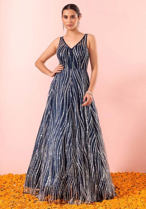 Buy Women Navy Blue Abstract Sequin Embroidered Gown - ILK00827 ...