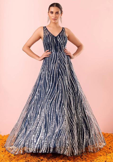 Buy Women Navy Blue Abstract Sequin Embroidered Gown - ILK00827 ...