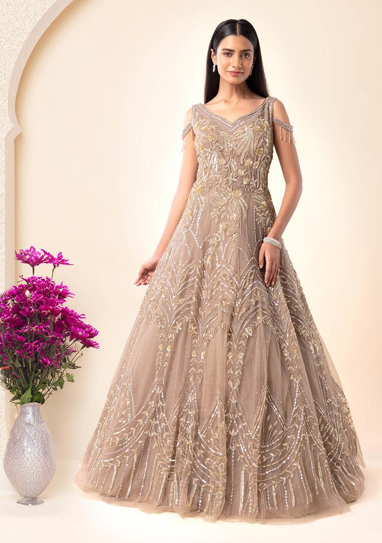 Buy Women Beige Sequin And Swarovski Embellished Anarkali Gown ...