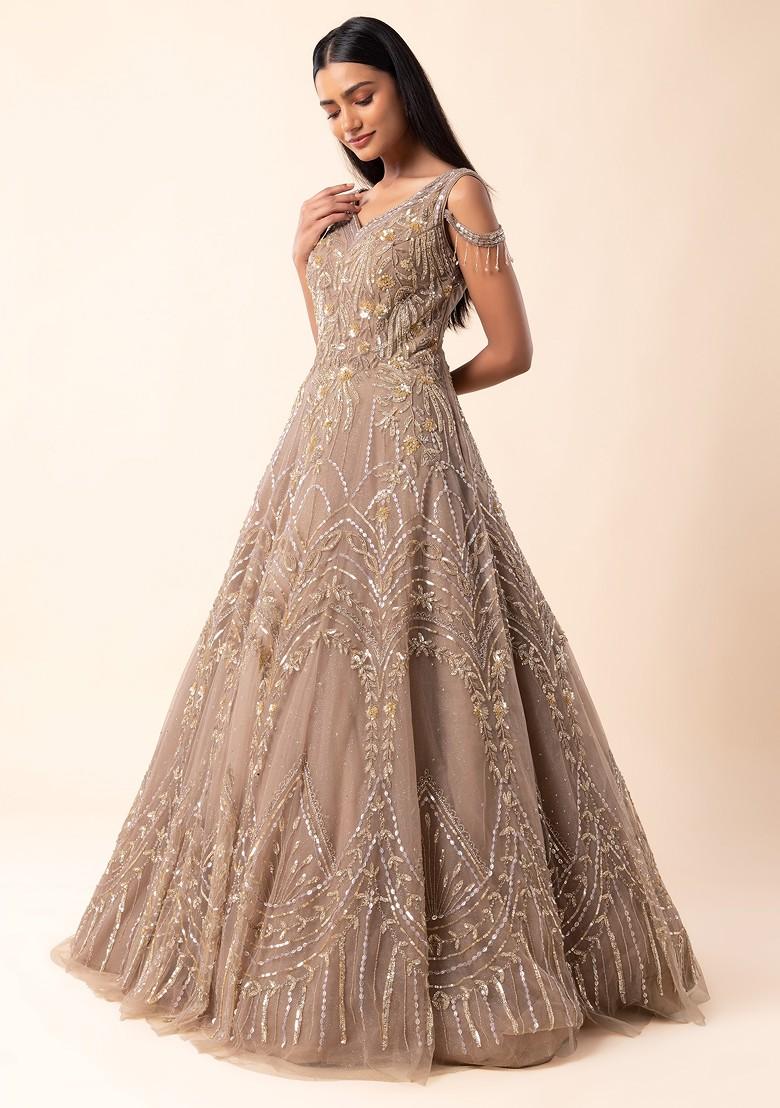 Buy Women Beige Sequin And Swarovski Embellished Anarkali Gown ...