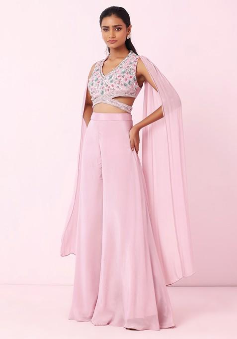 Buy Women Light Pink Palazzo Set With Floral Hand Embroidered Blouse ...