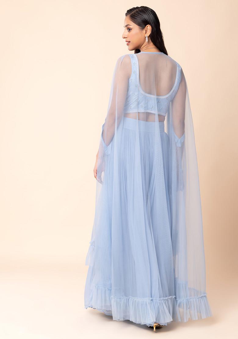 Buy Women Light Blue Sharara Set With Pearl Embellished Blouse And Mesh ...