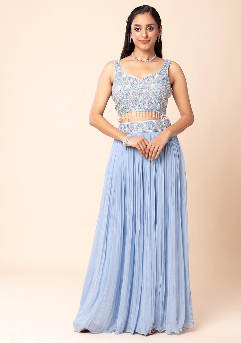 Buy Women Light Blue Sharara Set With Pearl Embellished Blouse And Mesh ...