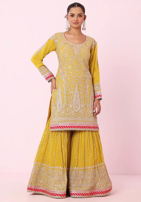 Buy Women Yellow Sequin Zari Embroidered Sharara Set With Embroidered Kurta And Dupatta ...