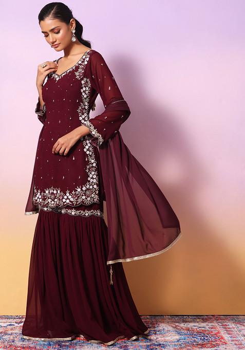 Buy Women Dark Purple Sharara Set With Sequin Hand Embroidered Kurta ...