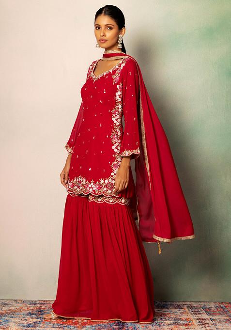 Buy Women Berry Pink Sharara Set With Sequin Hand Embroidered Kurta And ...