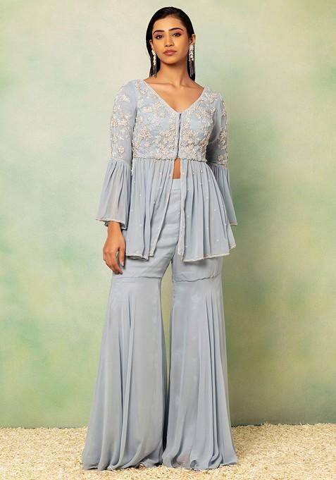 Buy Women Blue Sharara Set With Pearl Embellished Kurta And Mesh ...