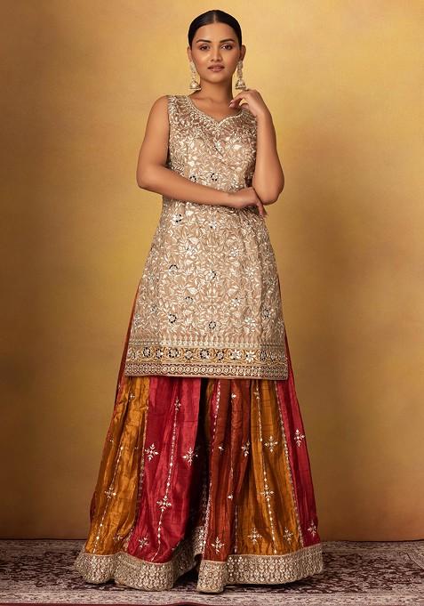 Buy Women Multicolour Embroidered Sharara Set With Mirror Embroidered ...