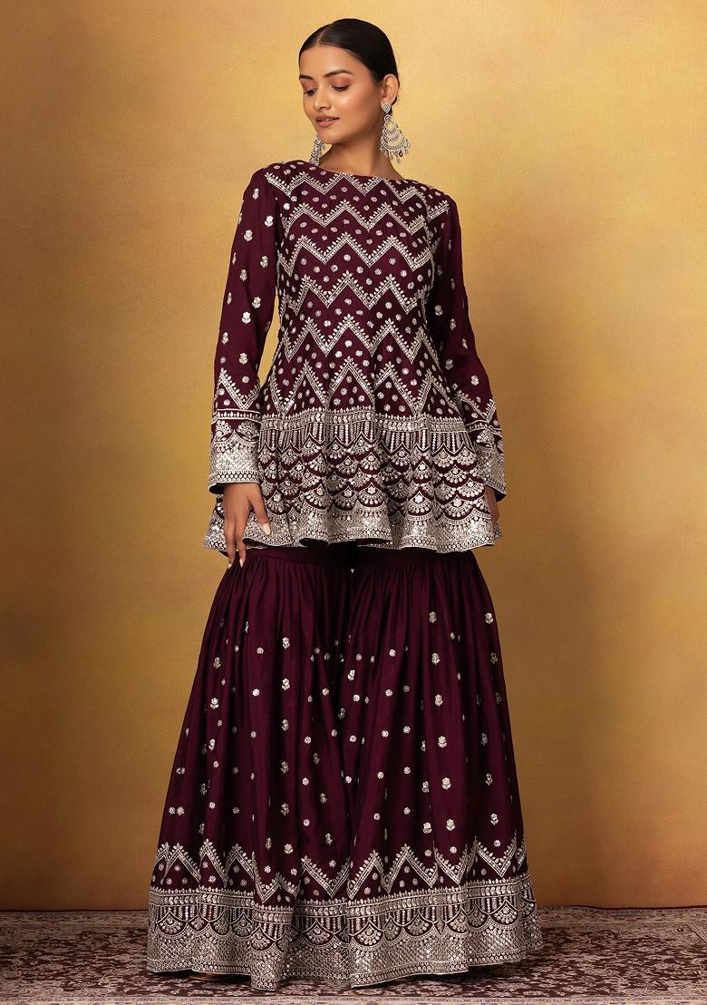 Buy Women Purple Sharara Set With Geometric Embellished Short Kurta And ...