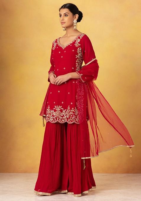 Buy Women Berry Pink Pleated Sharara Set With Sequin Embellished Kurta ...