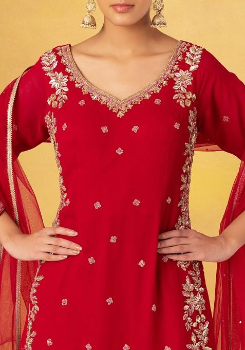Buy Women Berry Pink Pleated Sharara Set With Sequin Embellished Kurta ...