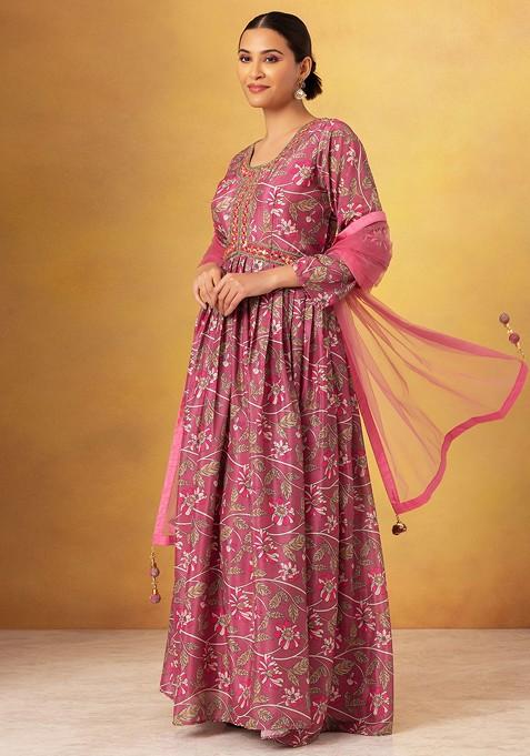 Buy Women Dull Pink Floral Print Embellished Anarkali Gown With Dupatta ...