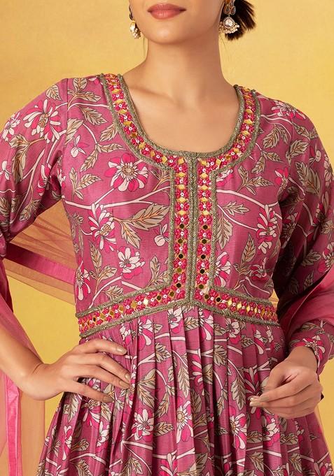 Buy Women Dull Pink Floral Print Embellished Anarkali Gown With Dupatta ...