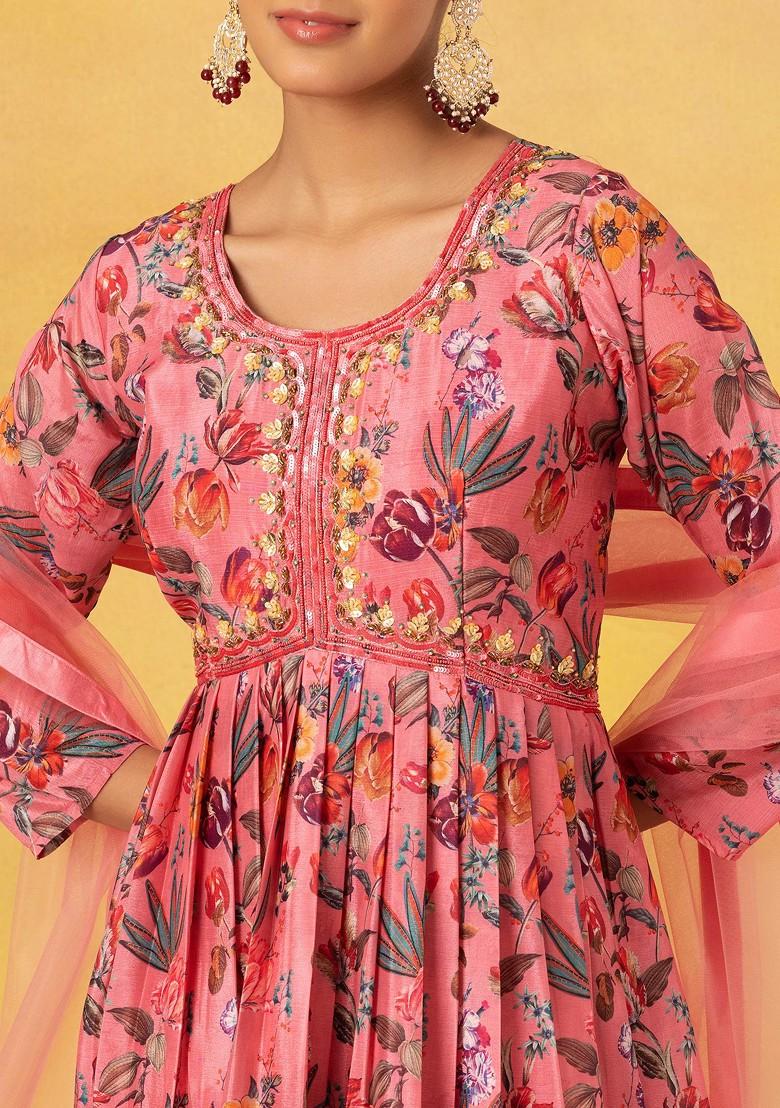 Buy Women Dull Pink Floral Print Embellished Anarkali Gown With Mesh ...