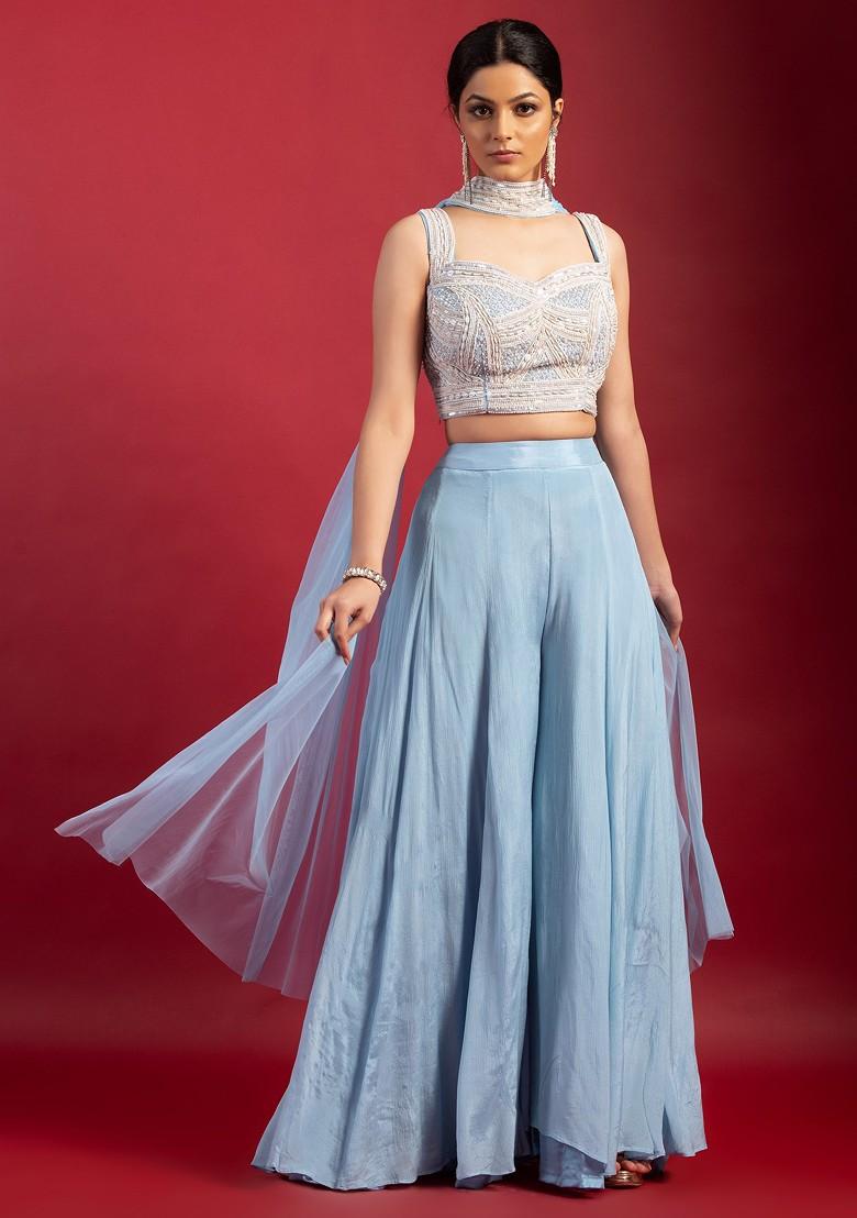 Buy Women Pastel Blue Sharara Set With Pearl Embellished Blouse And ...