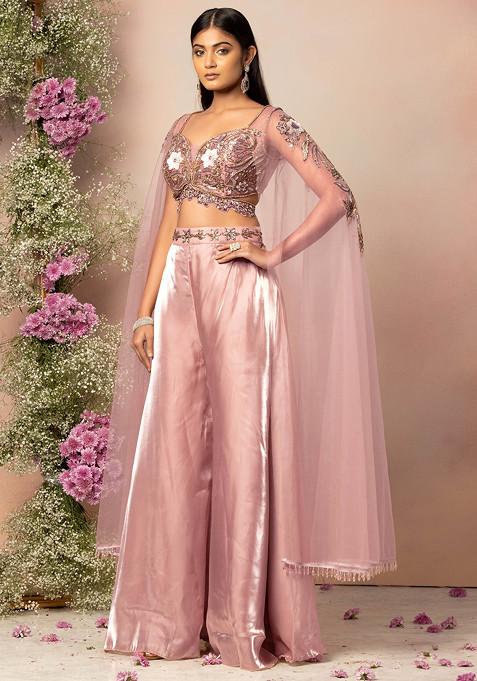 Buy Women Dull Pink Organza Sharara Set With Sequin Embellished Cape ...