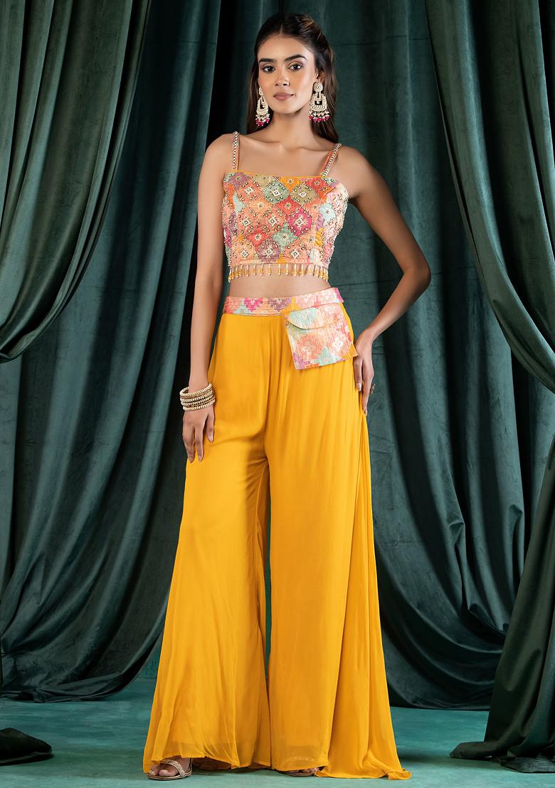 Buy Women Mustard Sharara Set With Multicolour Abstract Print Jacquard ...