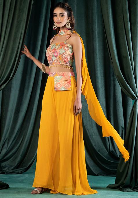 Buy Women Mustard Sharara Set With Multicolour Abstract Print Jacquard ...