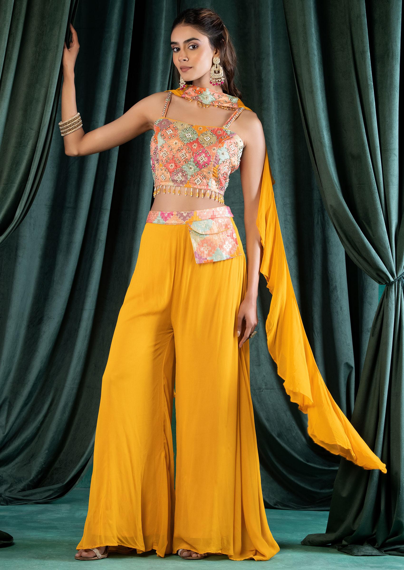 Buy Women Mustard Sharara Set With Multicolour Abstract Print Jacquard ...
