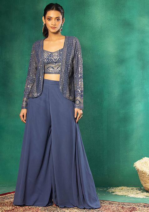 Buy Women Blue Palazzo Set With Sequin Embroidered Blouse And Short ...