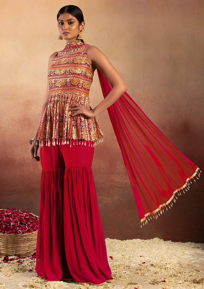 Buy Women Red Sharara Set With Paisley Print Embroidered Kurta And ...