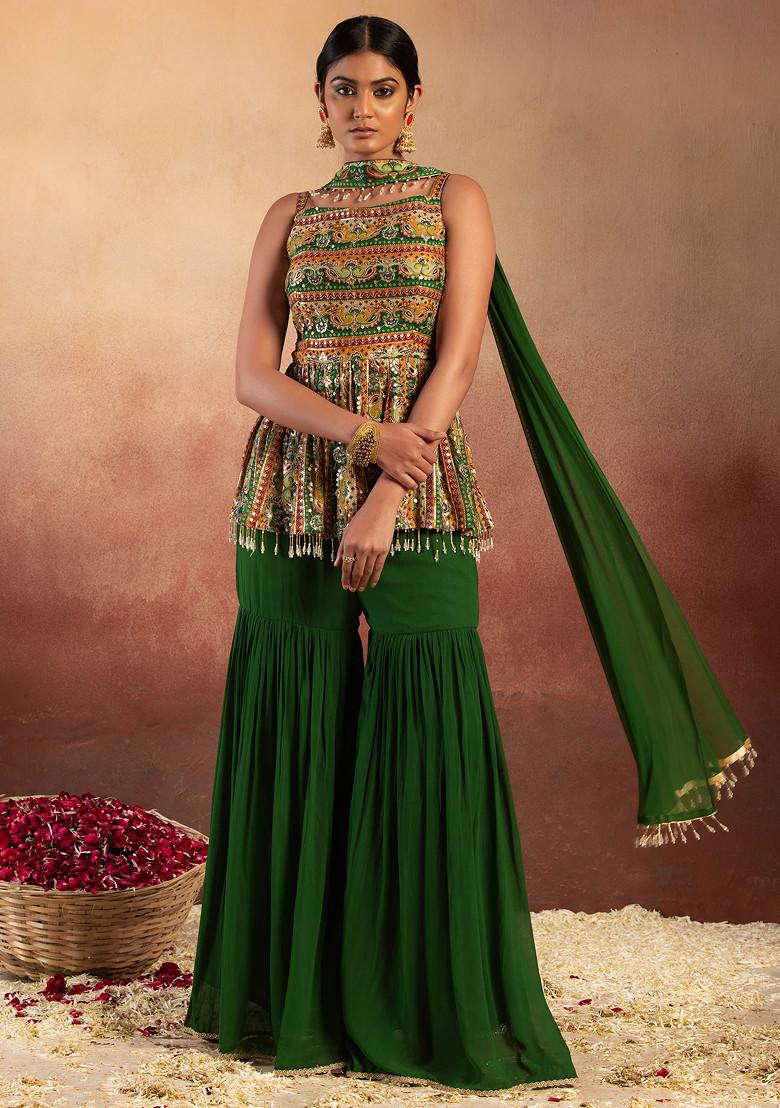 Buy Women Green Sharara Set With Paisley Print Embroidered Kurta And ...