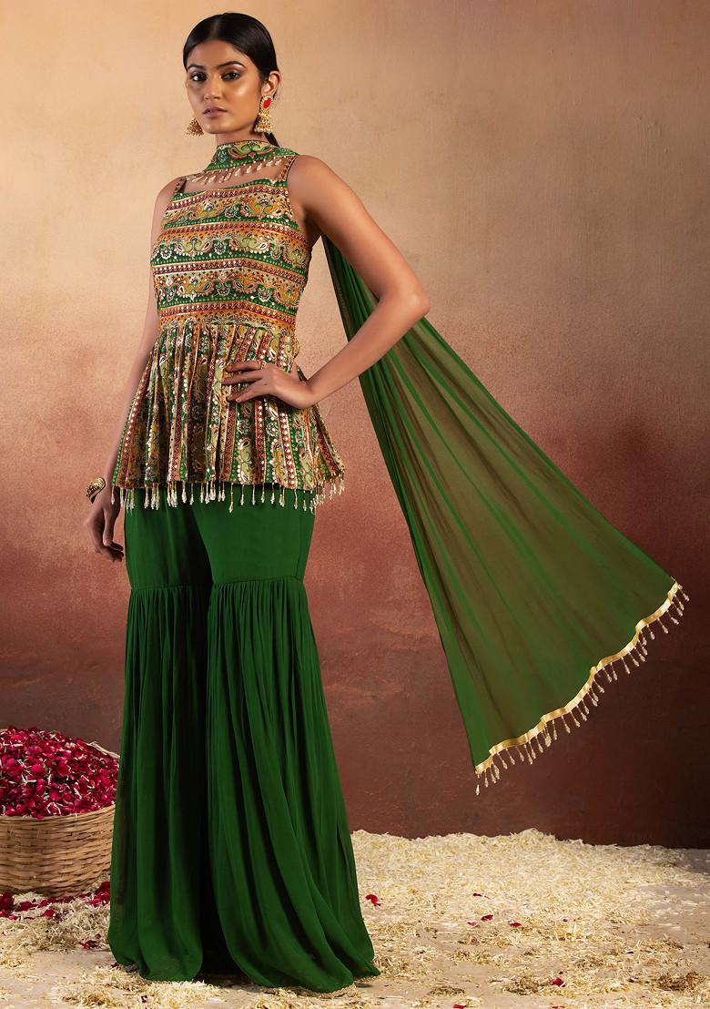 Buy Women Green Sharara Set With Paisley Print Embroidered Kurta And ...