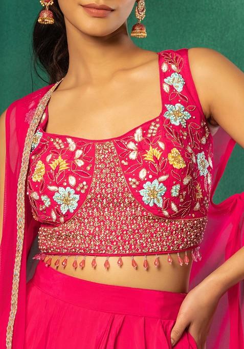Buy Women Pink Mesh Jacket Set With Floral Embellished Blouse And Layered Skirt Fusion Style