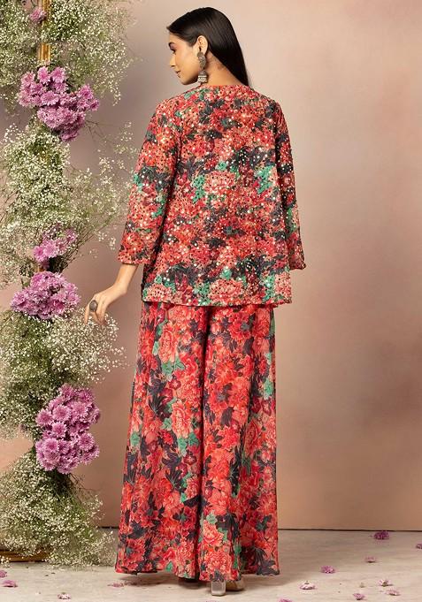 Buy Women Pink Floral Print Sharara Set With Embroidered Blouse And Jacket Ilk01567 Fusion