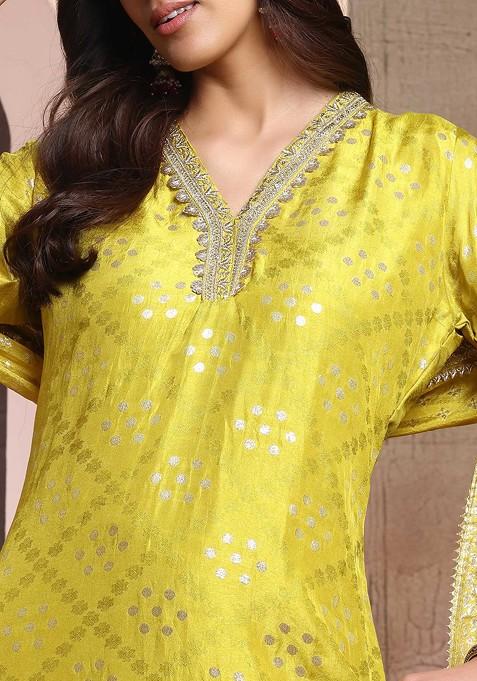 Buy Women Lime Green Polka Dot Brocade Kurta Set With Pants And Dupatta ...