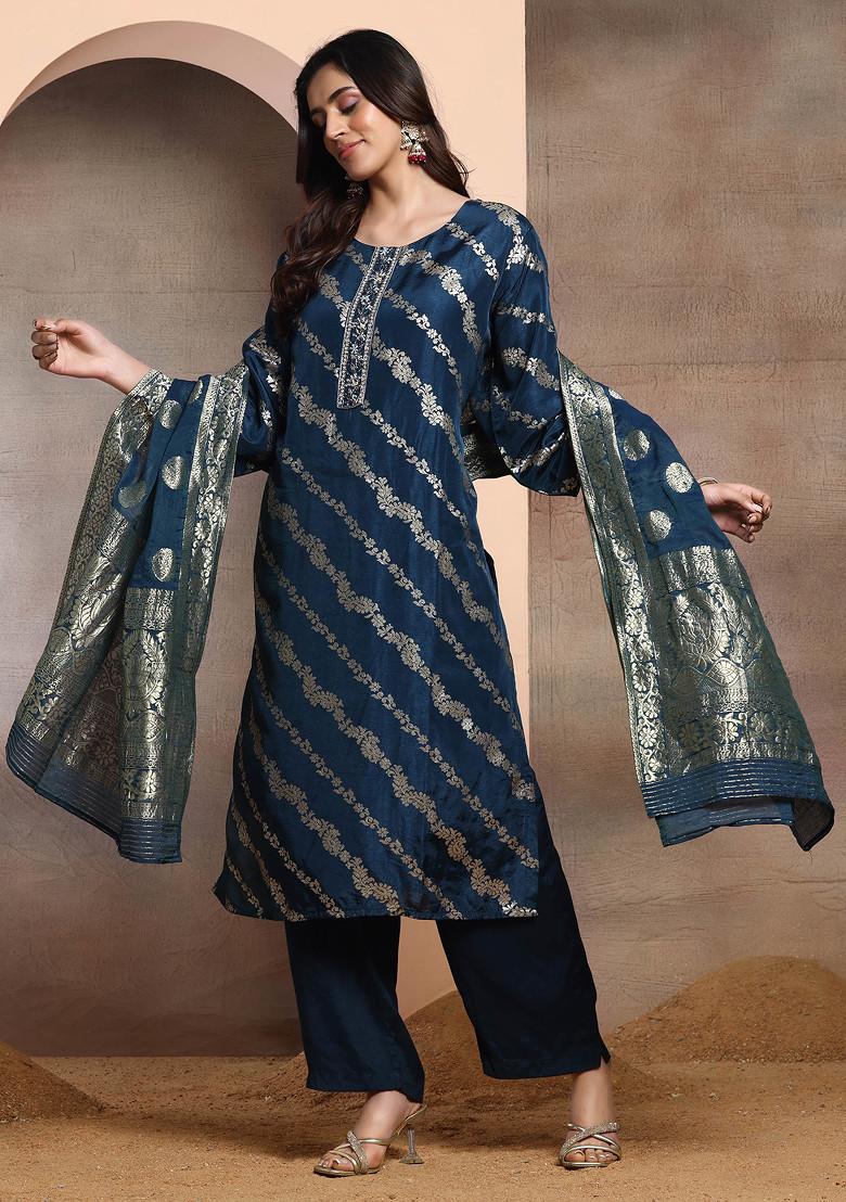 Buy Women Teal Blue Floral Embellished Brocade Kurta Set With Pants And ...