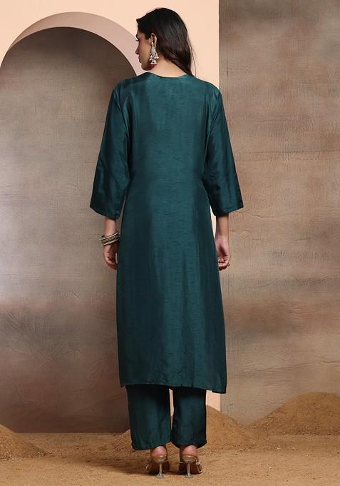 Buy Women Deep Green Sequin Zari Embellished Kurta Set With Pants And ...