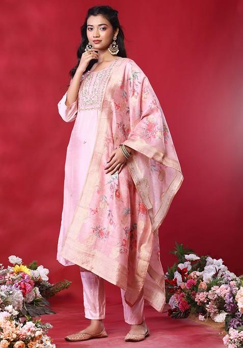 Buy Women Pastel Pink Mirror Bead Embellished Kurta Set With Pants And ...