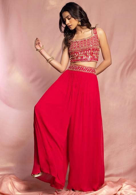 Buy Women Pink Palazzo Set With Sequin Embroidered Blouse And Jacket ...