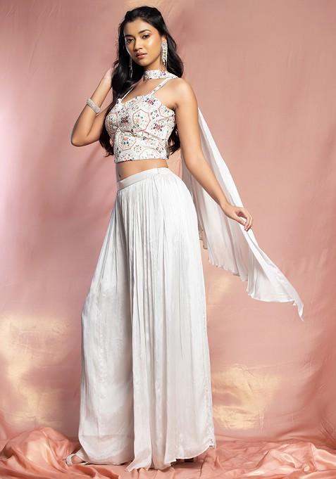 Buy Women Silver Palazzo Set With Floral Embroidered Blouse And Dupatta ...