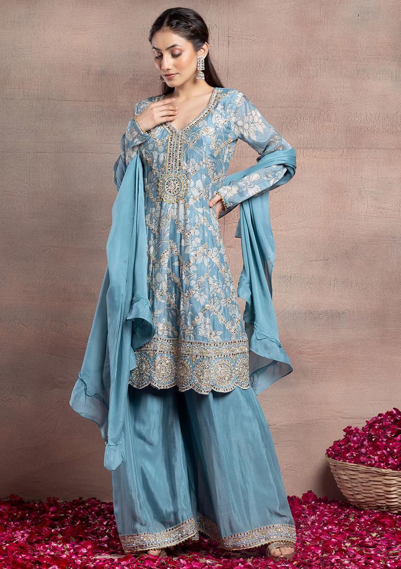 Buy Women Sky Blue Sharara Set With Floral Print Embroidered Kurta And ...