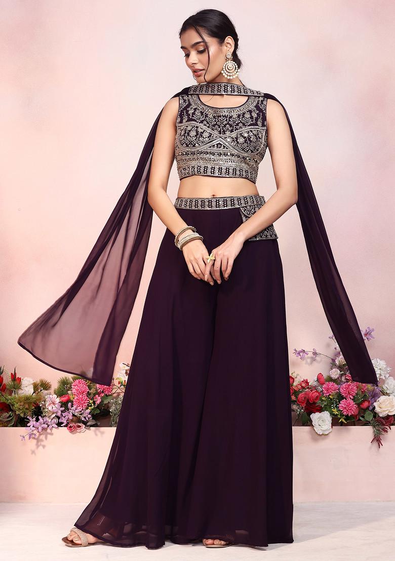 Buy Women Dark Purple Sharara Set With Mirror Zari Embroidered Blouse ...
