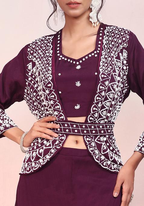 Buy Women Dark Purple Floral Bead Embroidered Jacket Set With ...