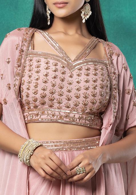 Buy Women Pink Embellished Jacket Set With Floral Sequin Hand Embroidered Blouse And Pleated