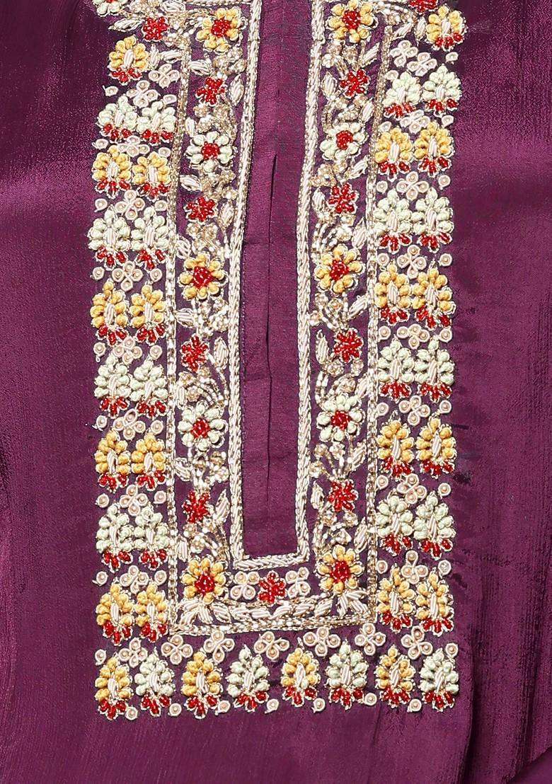 Buy Women Onion Pink Floral Hand Work Kurta Set With Pants And Dupatta ...