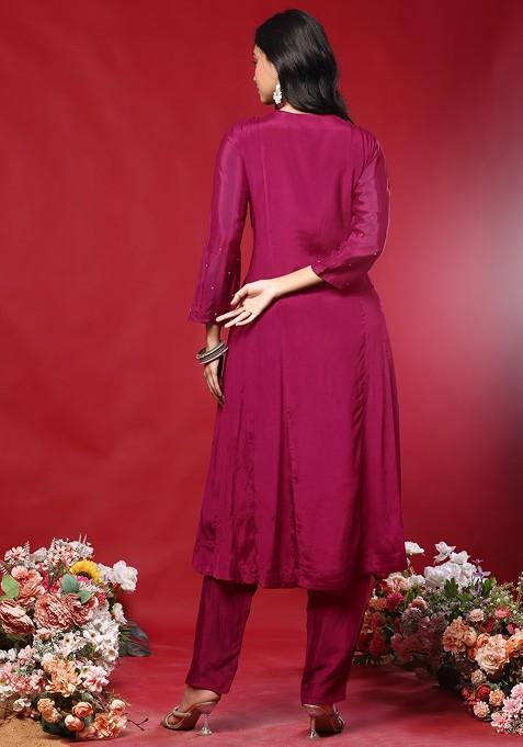 Buy Women Hot Pink Floral Hand Work Kurta Set With Pants And Dupatta