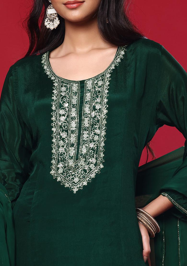 Buy Women Deep Green Floral Sequin Hand Embroidered Kurta Set With
