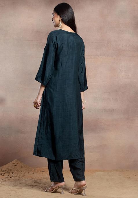 Buy Women Deep Green Dabka Embroidered Kurta Set With Pants And Dupatta ...