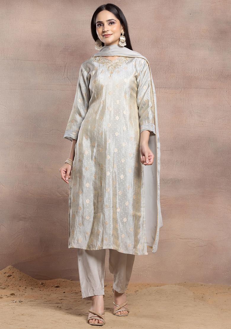 Buy Women Grey Sequin Bead Hand Embroidered Brocade Kurta Set With ...