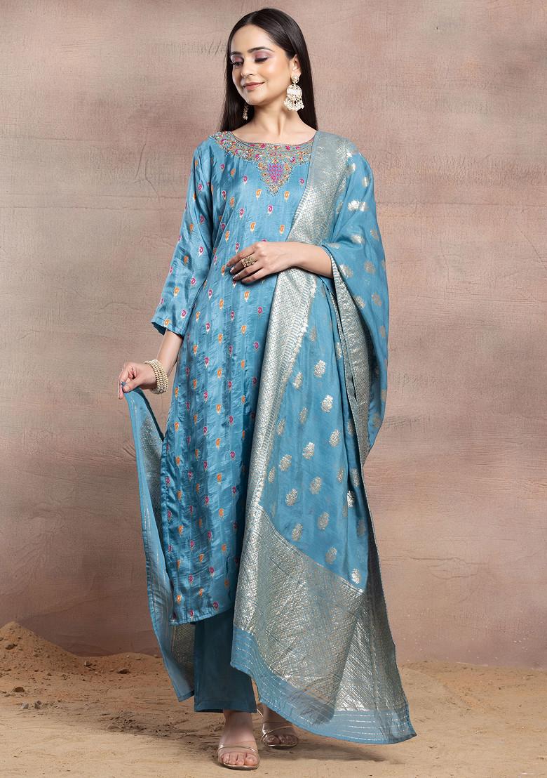 Buy Women Pastel Blue Paisley Sequin Embellished Kurta Set With Pants ...