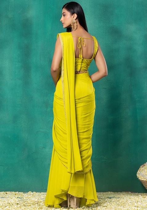 Buy Women Lime Green Pre-Stitched Saree Set With Floral Sequin Hand ...